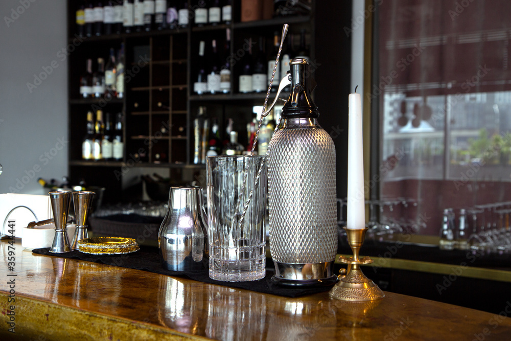 Bartender tools on old style bar counter Stock Photo | Adobe Stock