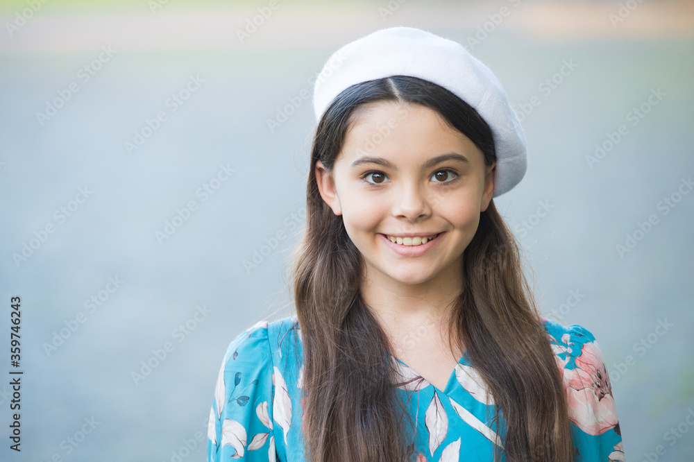 French fashion icon. Happy kid wear french beret grey background ...