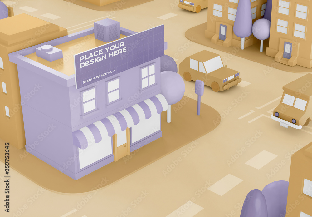 Cartoon City Shop with Advertising Mockup Stock Template | Adobe Stock