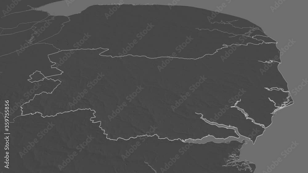 Suffolk, administrative county with its capital, zoomed and extruded on ...