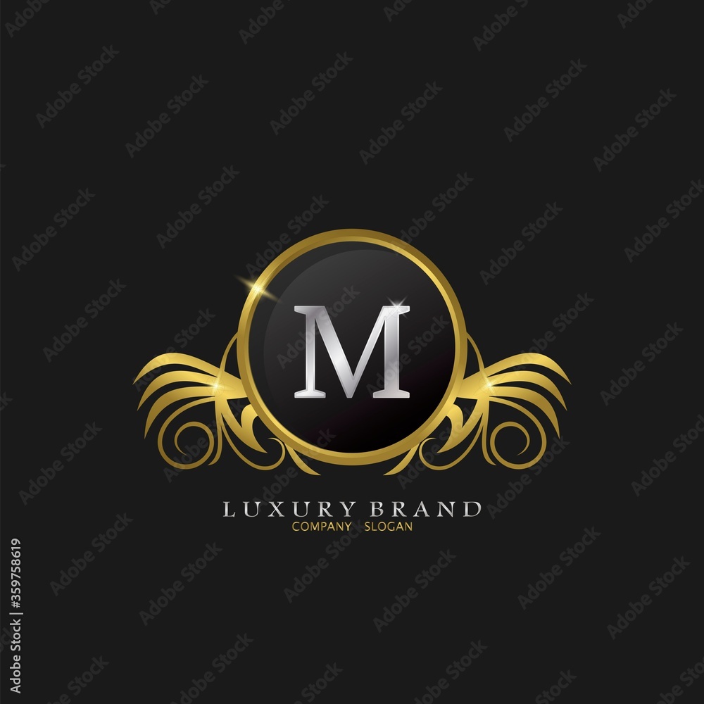 Letter M Golden Circle Shield Luxury Brand Logo, vector design concept ...