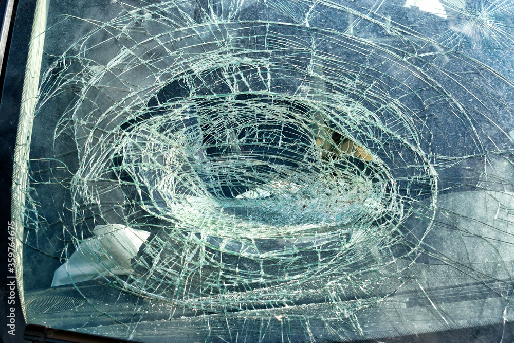 Broken glass from car accident. shattered. Broken window of a car after ...