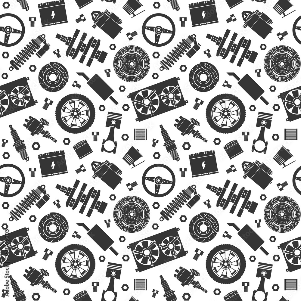 Auto spare parts seamless pattern. Car repair silhouette icon texture ...