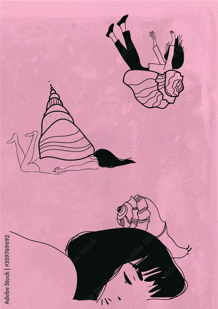 line art set of illustrations a girl falls, is lying on the floor ...