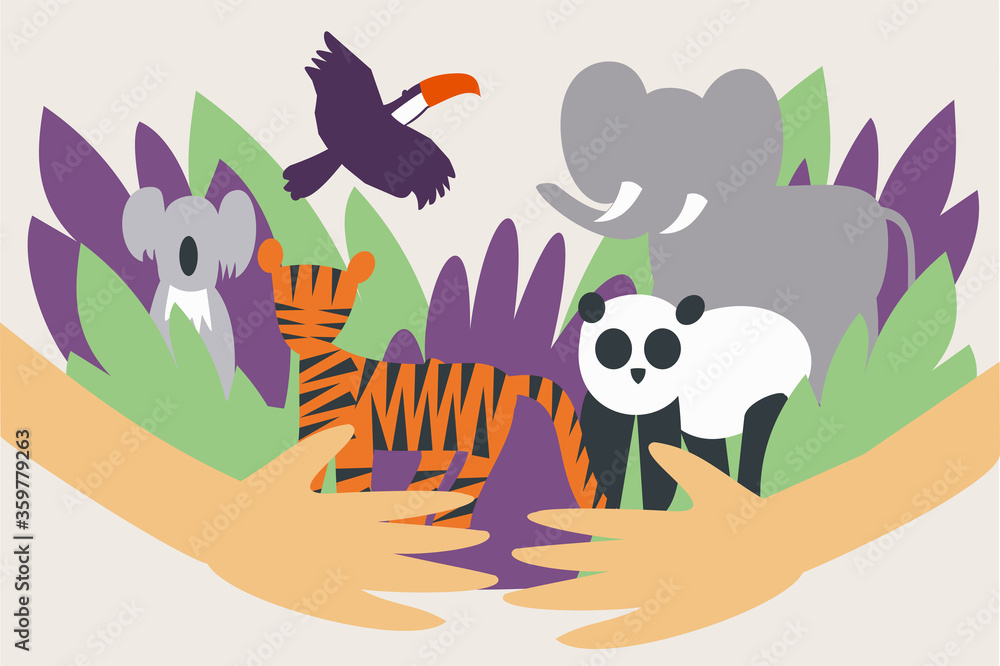 Illustration of hands hugging and protecting wild animals from ...