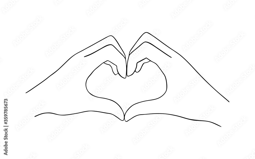 Line art drawing of hands showing love sign. Hand drawn outline vector ...
