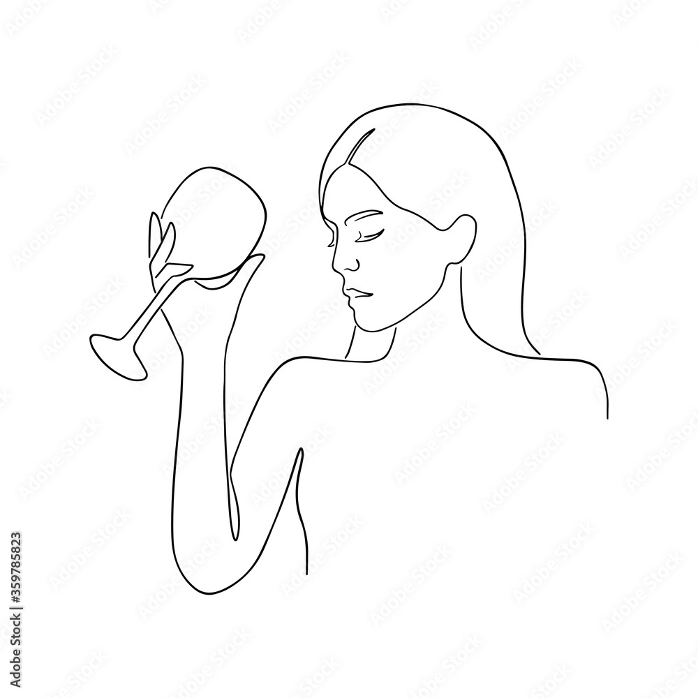 Hand drawn line art sketch of woman with glass of wine. Outline drawing ...