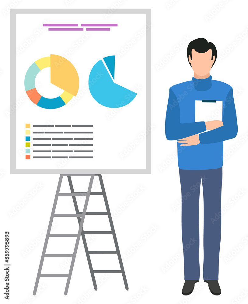 Man reporting on business stats and researches vector, isolated ...