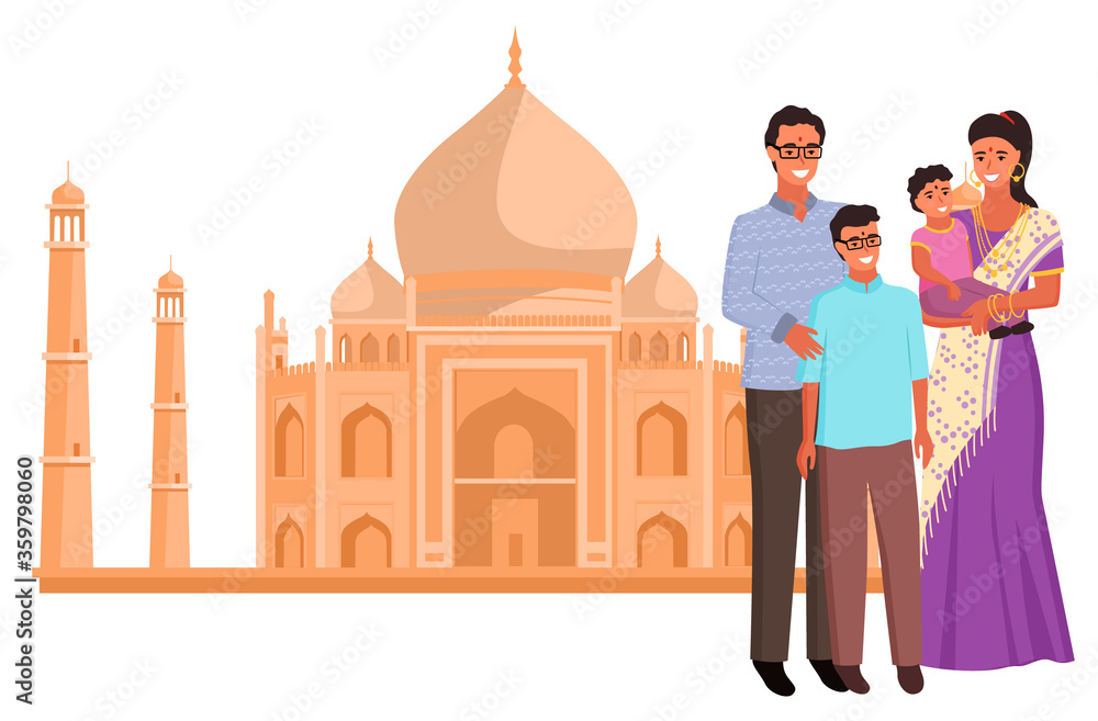 Taj Mahal landmark and indian family, woman wearing saree, people ...