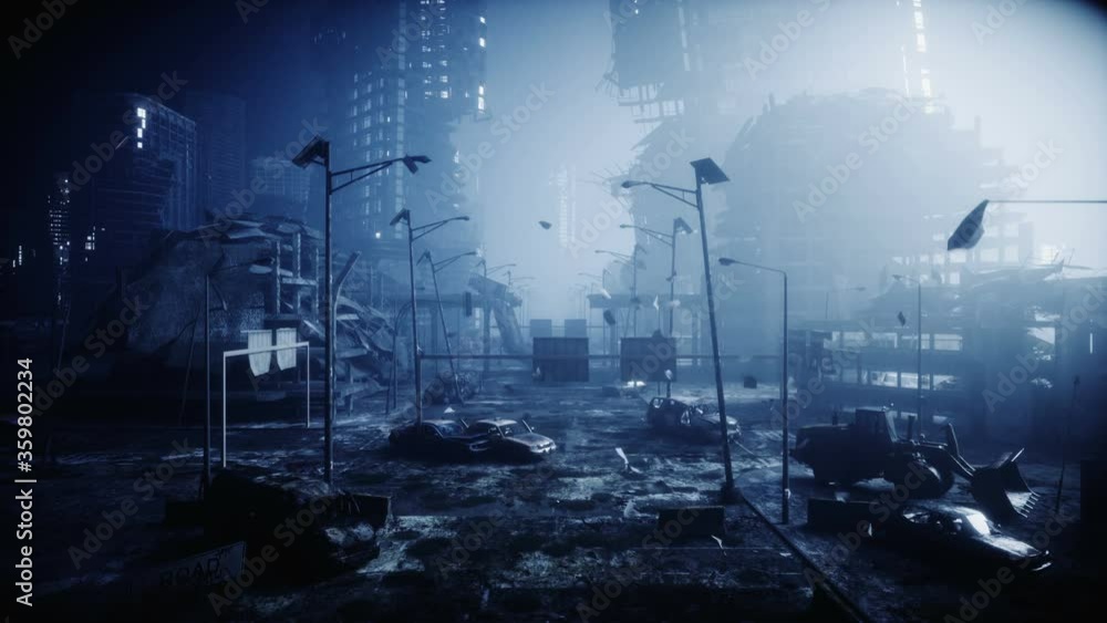 Apocalypse city in fog. Aerial View of the destroyed city. Apocalypse ...