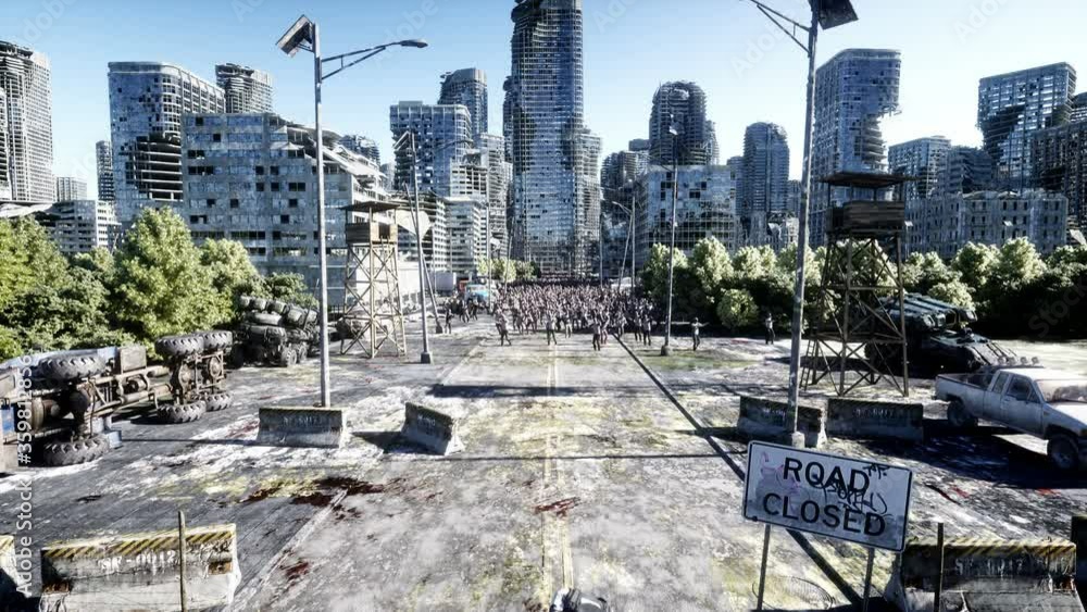 horror zombie crowd walking. Destroyed city. Apocalypse view, concept ...