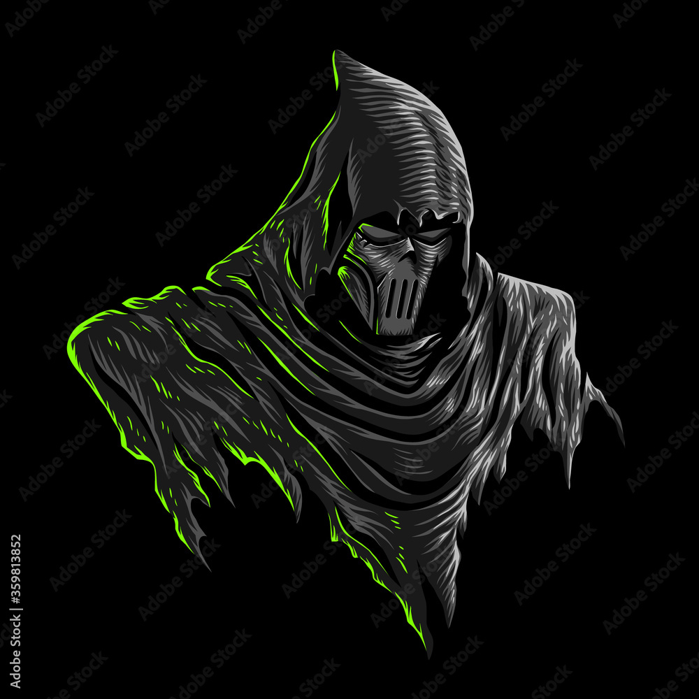 Vector illustration of Dark Grim Reaper with Mask, Dark Hood on the ...