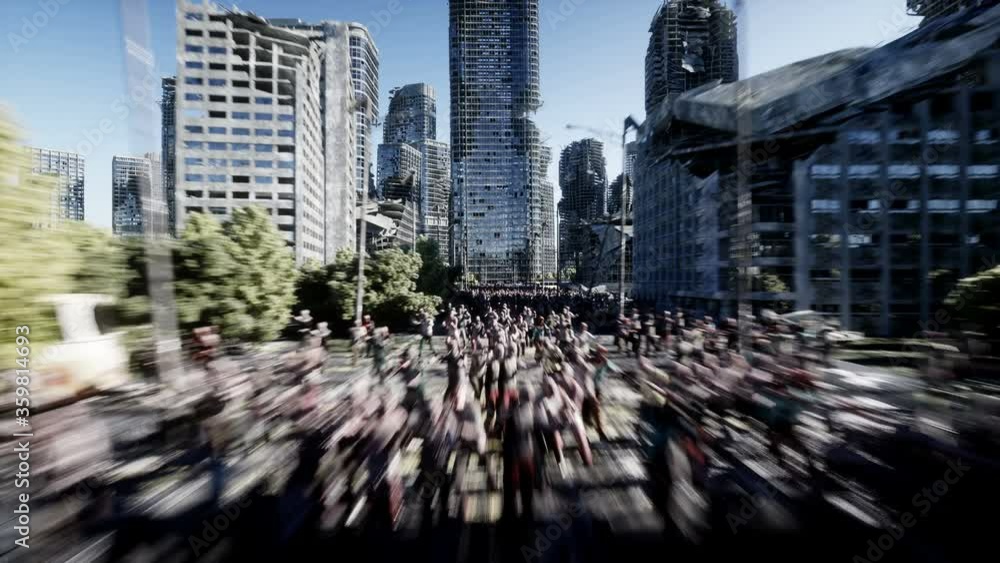 horror zombie crowd walking. Destroyed city. Apocalypse view, concept ...