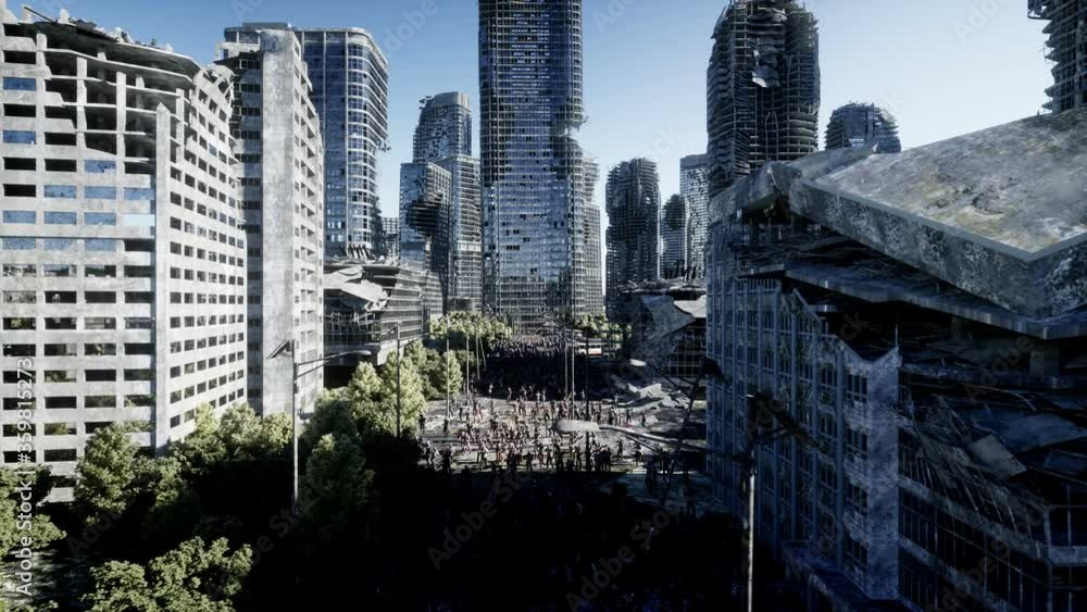 horror zombie crowd walking. Destroyed city. Apocalypse view, concept ...