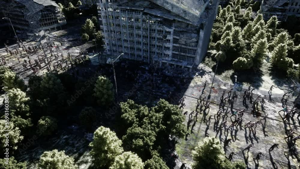horror zombie crowd walking. Destroyed city. Apocalypse view, concept ...