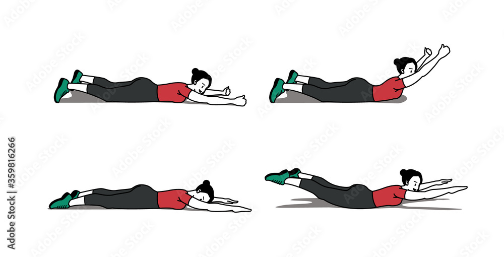 Exercise guide for women doing back exercises. Fitness at home. Vector ...