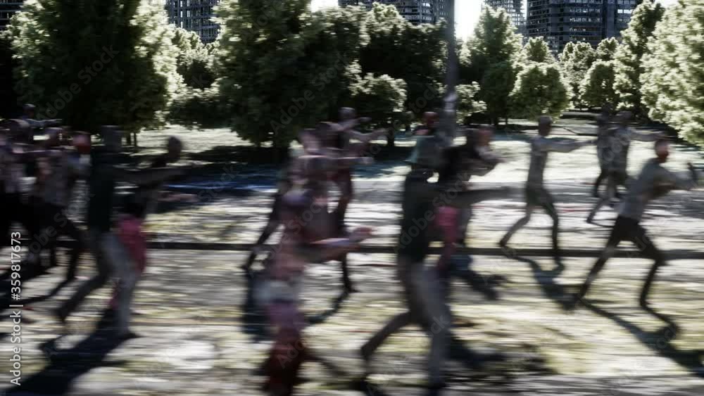 horror zombie crowd walking. Destroyed city. Apocalypse view, concept ...