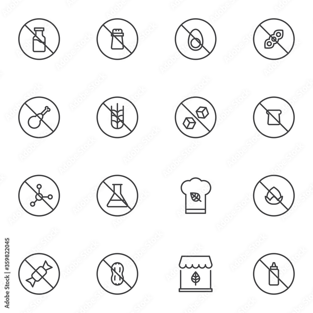 Organic food prohibition signs line icons set, outline vector symbol ...