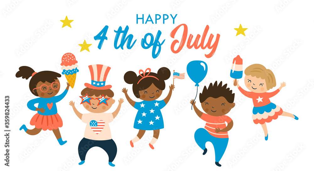 Cute children characters celebrating 4th of July, USA Independence day ...