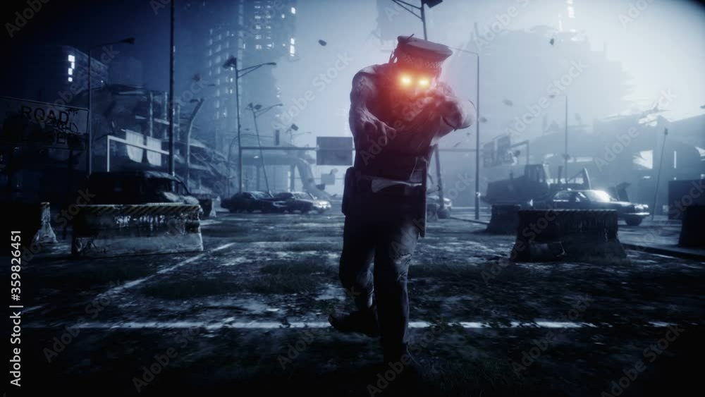 Police zombie in dark destroyed city. Fog dramatic night. Zombie ...