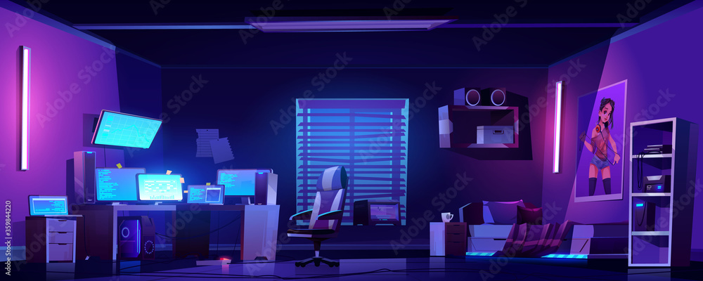 Teenager boy bedroom night interior, gamer, programmer, hacker or ...