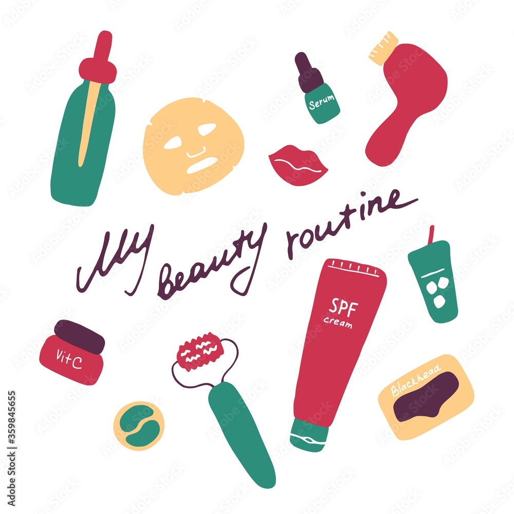 My beauty routine. Cosmetic products and accessories. Beauty icons for ...
