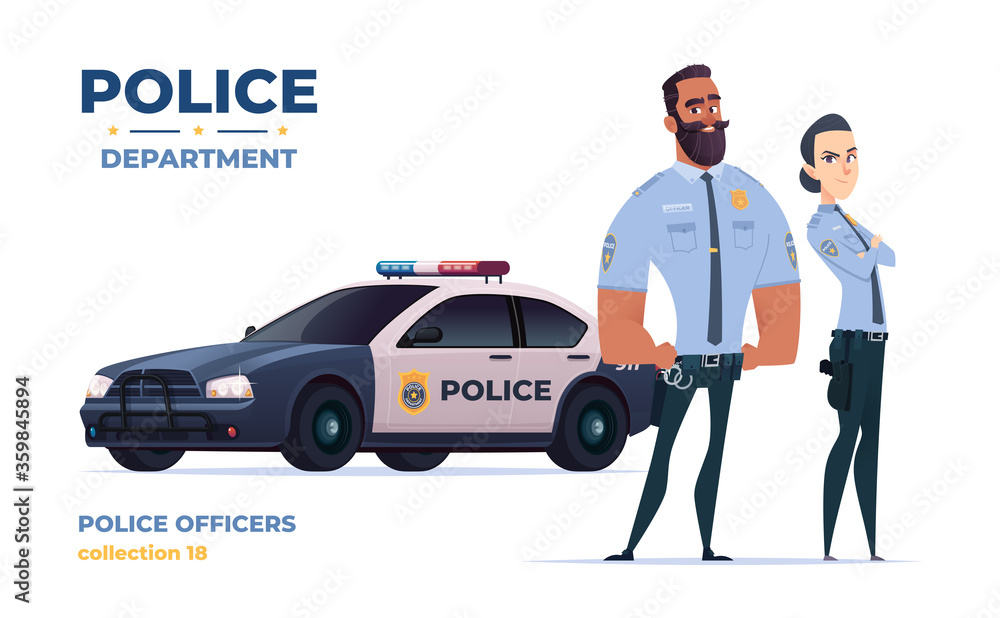 Cartoon police officers man and woman team. Public safety officers with ...
