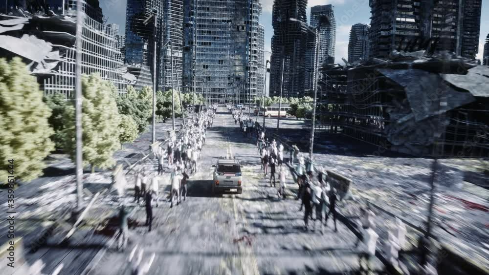 the car goes away from the chase crowd zombies. Destroyed city. Fast ...