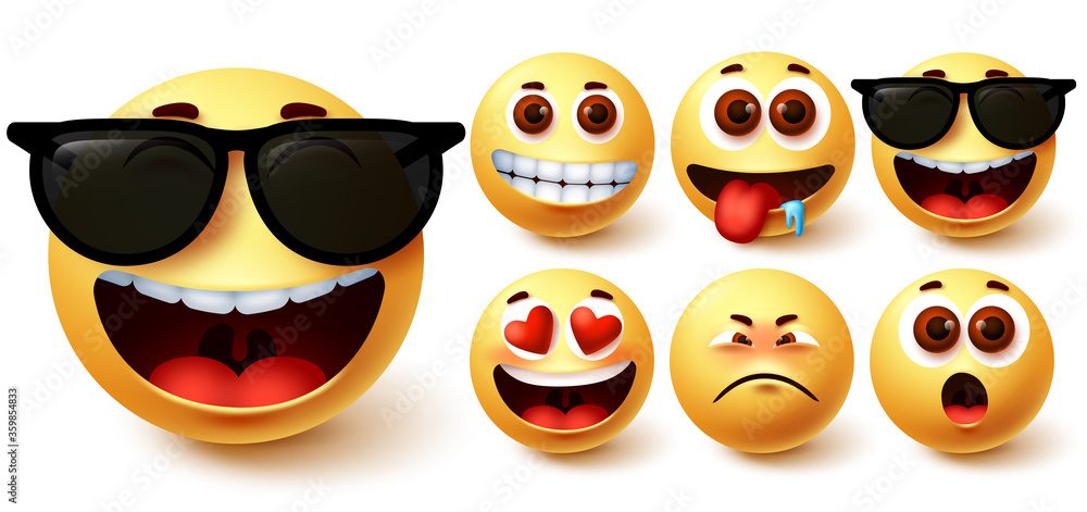 Emoji smiley vector set. Cute yellow smileys face with different ...