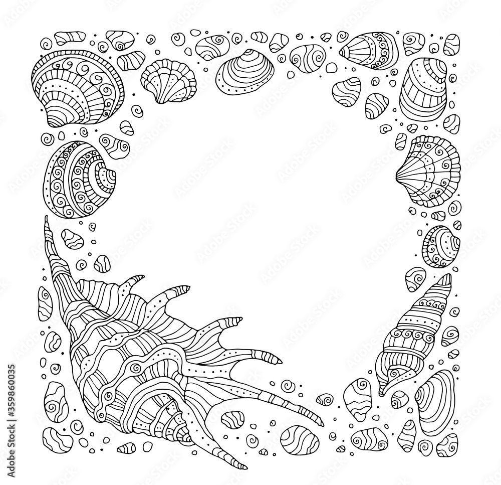 Seashell border frame. Vector illustration. Zentangle. Coloring book ...