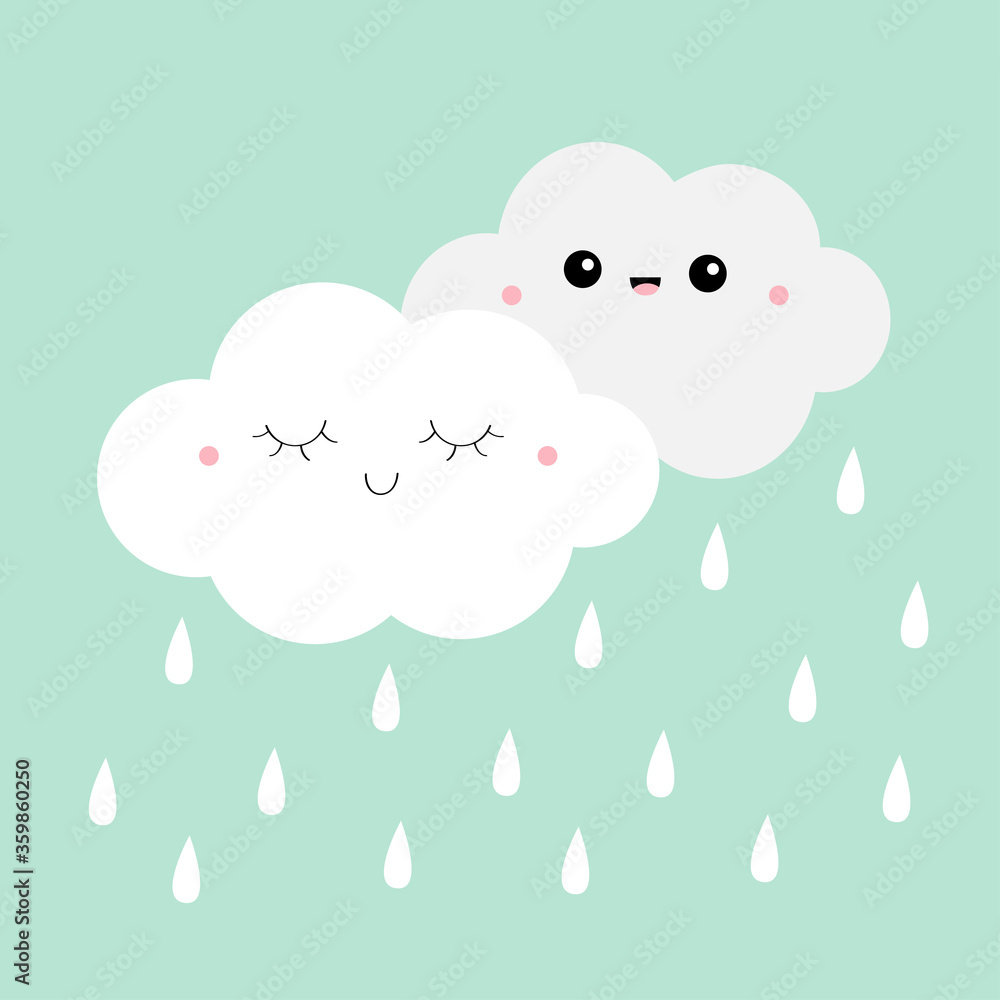 White gray cloud rain drop icon set. Smiling sleeping face. Fluffy ...