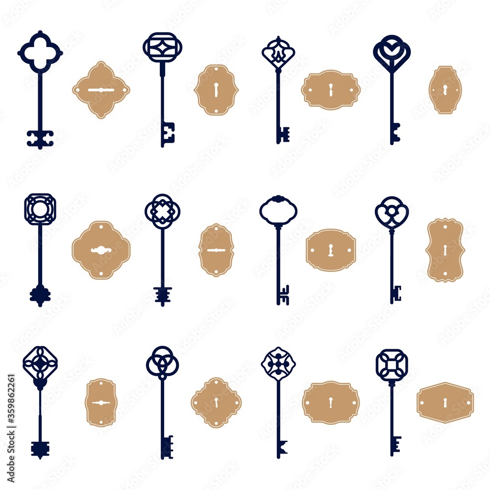 Various vintage keys and keyholes set. Sketch of elegant decorative old ...