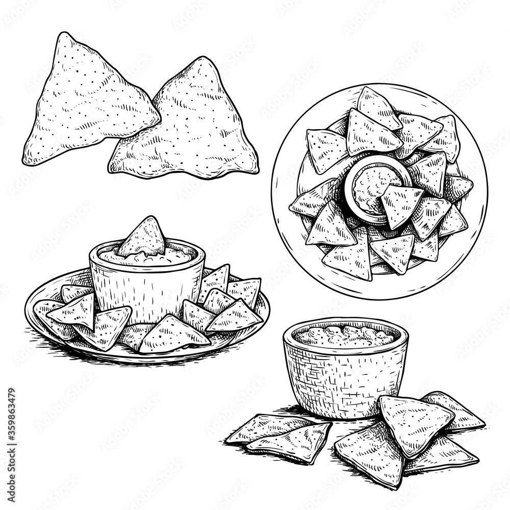 Vetor de Nachos sketch style set. Single, group on plate and with sauce ...