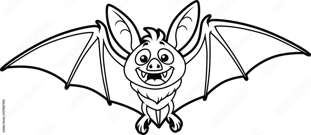 Vector Cartoon Happy Black Bat Line Art Stock Vector | Adobe Stock