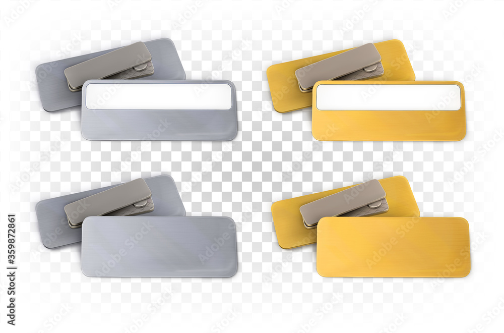 Set of blank metallic gold and silver rectangular badges on a magnet ...