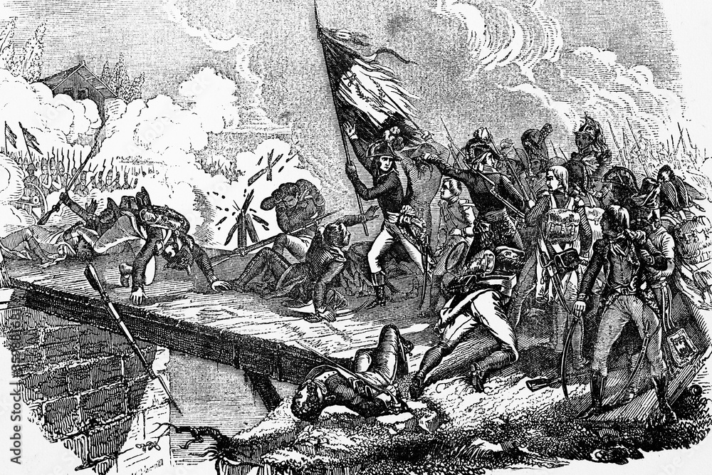 Battle of Arcole. Napoleon Bonaparte leading his troops over the bridge ...