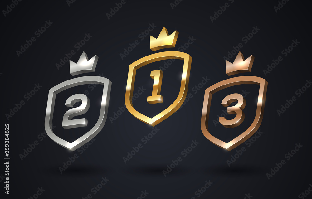 Set of rank emblems - gold, silver, bronze. Shield with rank number and ...