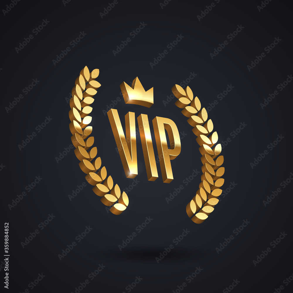 Vip golden emblem with laurel wreath and crown on a black background ...