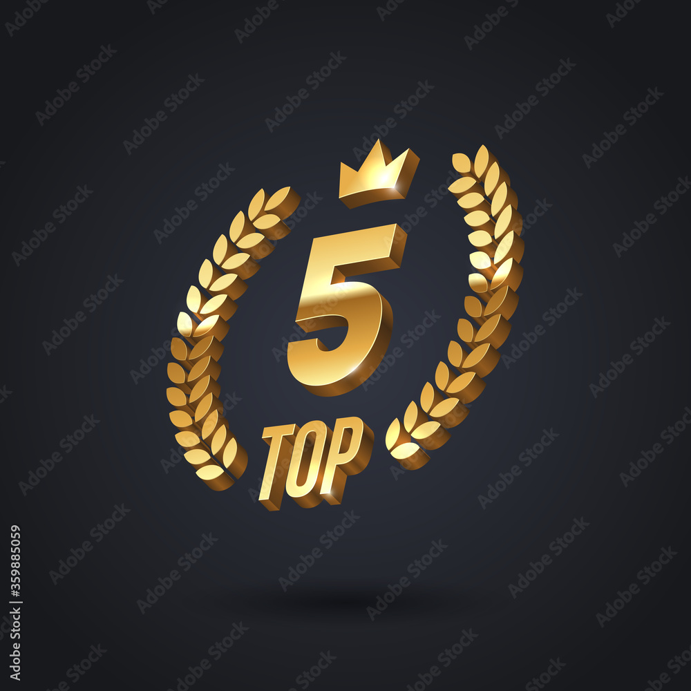 Top 5 award emblem. Golden award logo with laurel wreath and crown on ...