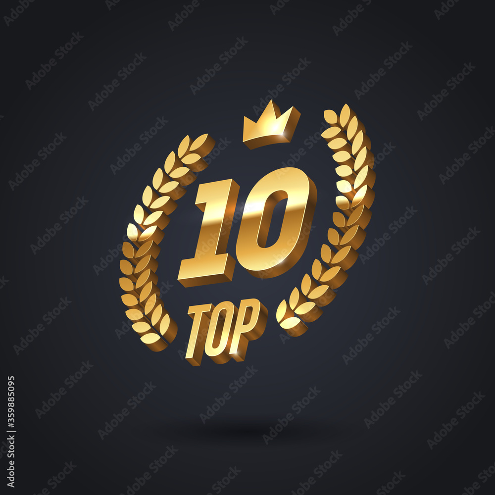 Top 10 award emblem. Golden award logo with laurel wreath and crown on ...