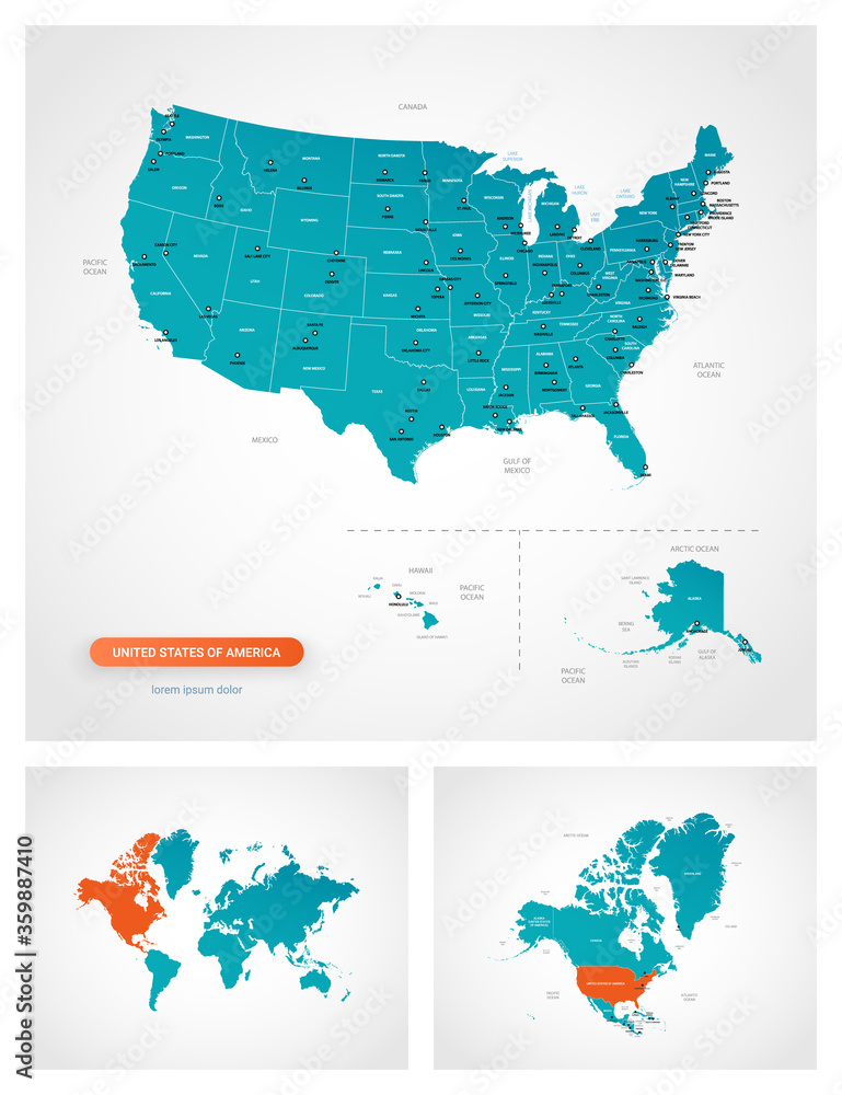 Editable template of map of United States of America with marks. United ...