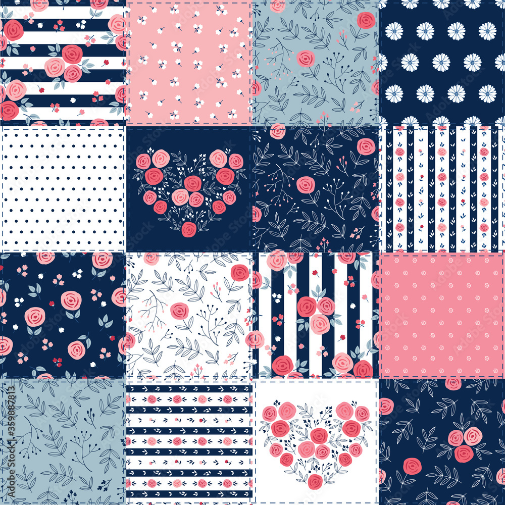 Cute vintage patchwork background with different flowers and leaves ...