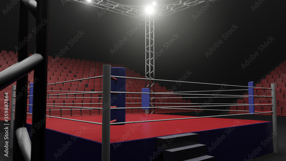 3D boxer arena. Isolated empty boxing ring with light. 3D rendering ...