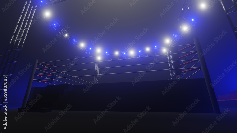 3D boxer arena. Isolated empty boxing ring with light. 3D rendering ...