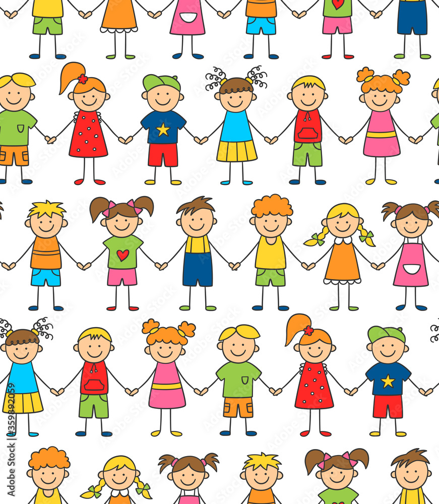 Seamless pattern of funny kids holding hands. Friendship concept. Happy ...