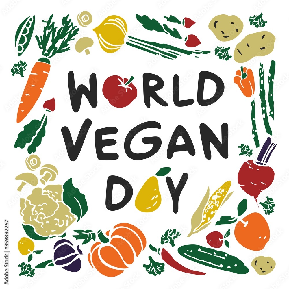 World Vegan Day. Onions, potatoes, garlic, pumpkin, carrots. Color hand ...