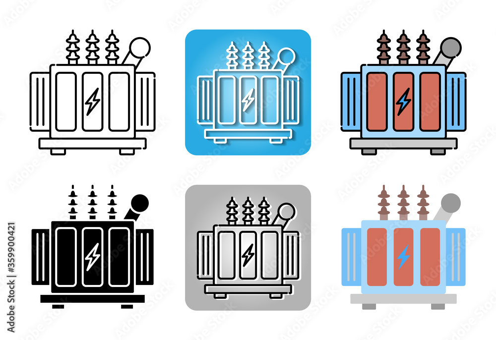 High voltage electrical transformer icon set isolated on white ...