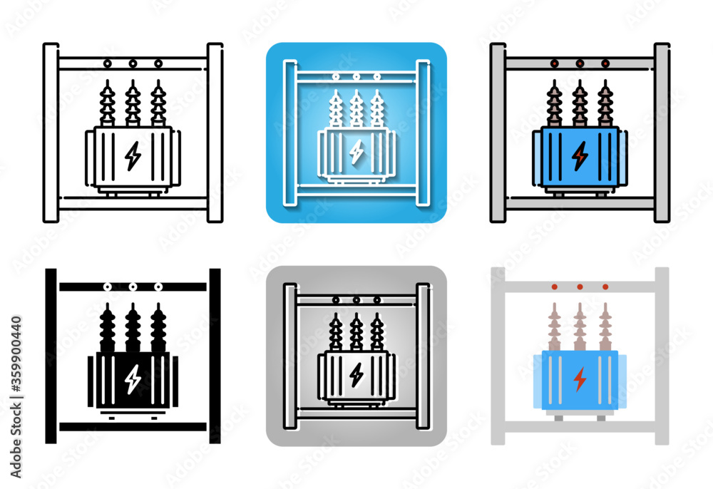 High voltage electrical transformer icon set isolated on white ...