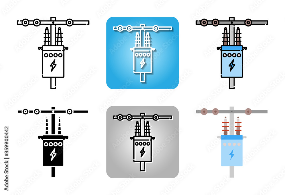 High voltage electrical transformer icon set isolated on white ...