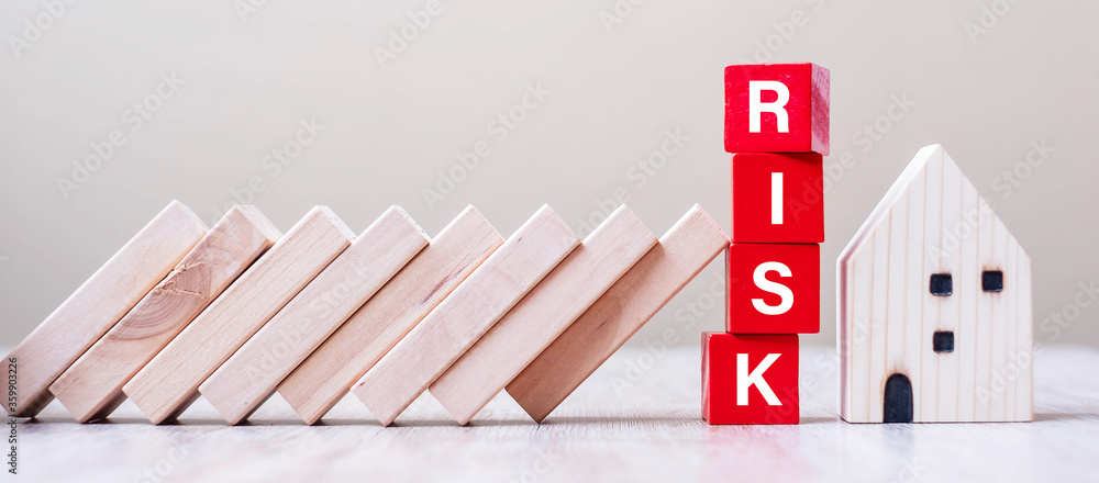 Red RISK cube blocks stop falling blocks protect house miniature. fall ...